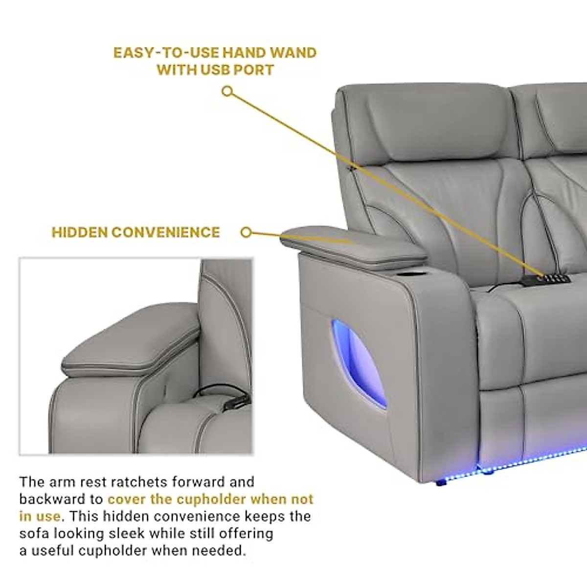 Armen Living Octavia Modern Zero Gravity Power Reclining Heated Massage Sofa, 86" Wide, Silver and Gray Top Grain Leather