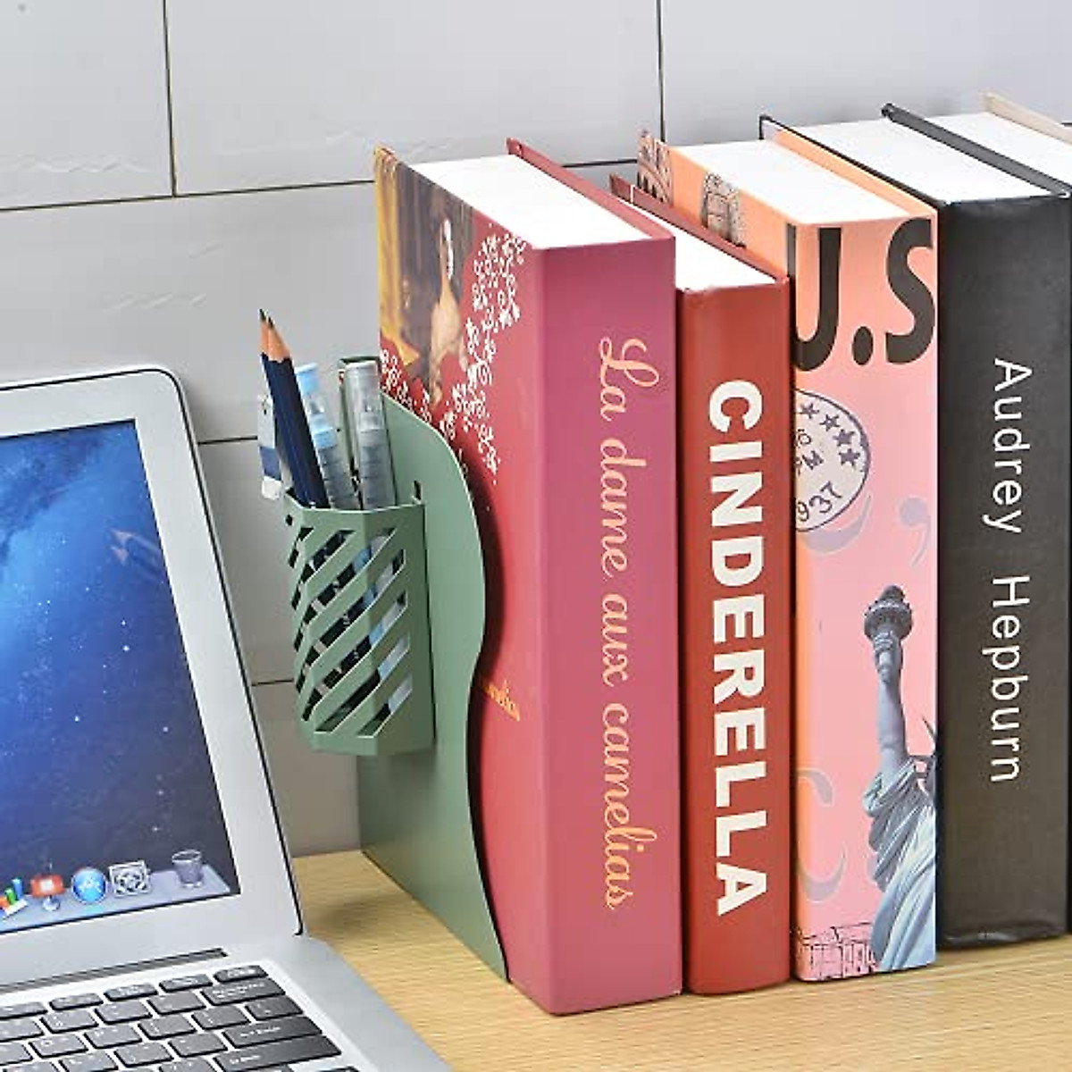 Citmage Adjustable Bookends 3 Compartments Decorative Metal Book Holders Heavy Duty Expandable Book Stand Organizer Magazine File Book Racks for Desk, Shelf, Office, Stationery Gift(Green)