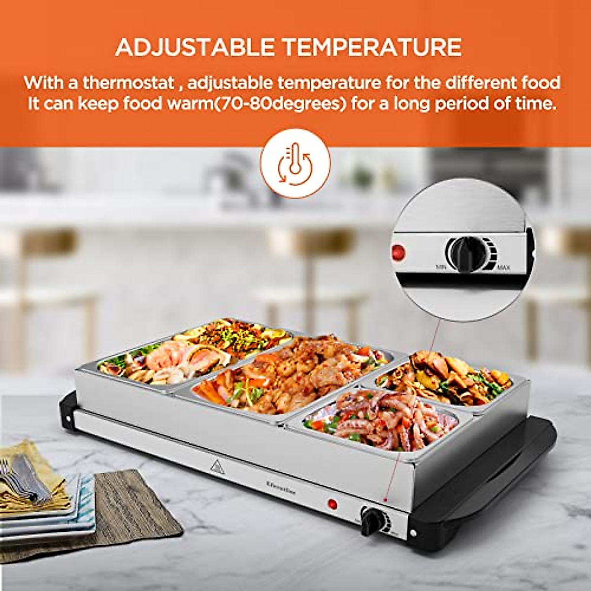 Eficentline 7.5Qt Buffet Server and Warmer,Electric Food Warmer for Parties,Stainless Steel Warming Trays with Adjustable Temperature,2x 2.5 Qt & 2x1.25 Qt Warming Pans,2 x Silicone Kitchen Tongs