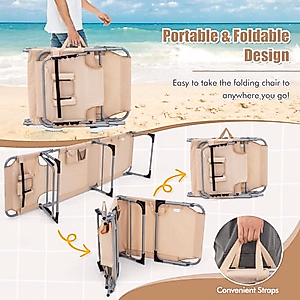 Goplus Tanning Chair, Folding Adjustable Patio Lounge Chair with Face Hole, Removable Pillow, 330LBS, Carry Strap, Outdoor Sunbathing Chair, Lightweight Portable Beach Lounge Chair (1, Beige)