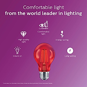 Philips LED 538207 A19 Party Bulbs: Filament Glass, 4-Watt (40-Watt Equivalent), E26 Medium Screw Base, Red Light, 6-Pack