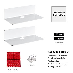 OAPRIRE White Floating Shelves Wall Mounted Set of 2 - Easily Expand Wall Space - Acrylic Hanging Shelves for Bedroom, Gaming Room, Living Room, Bathroom, Office with Cable Clips