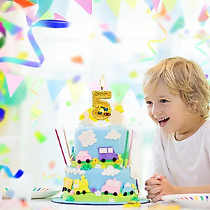 CasaPopz Construction Birthday Candles for Cake Decoration Yellow Glitter Number 2 Candle Construction Cake Topper Construction Themed Cupcake Topper Birthday Party Decorations Supplies Favors