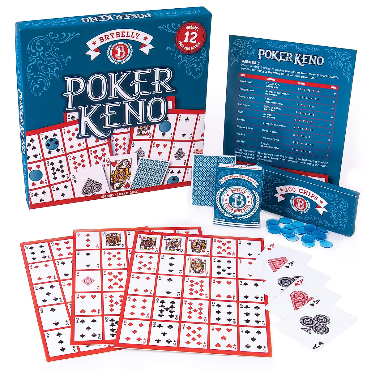 MBGBrybelly Po-ke-no + Expansion Cards Bundle for 24 Players - 24 Unique Jumbo Index Game Boards, 400 Chips and Deck of Playing Cards - Pokeno Family Casino Board Game Night Gift Set