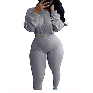 Annystore Women Casual 2 Piece Tracksuit Outfit Ribbed Pullover Crop Tops High Waisted Long Pants Jogger Sets Sweatsuit Grey M