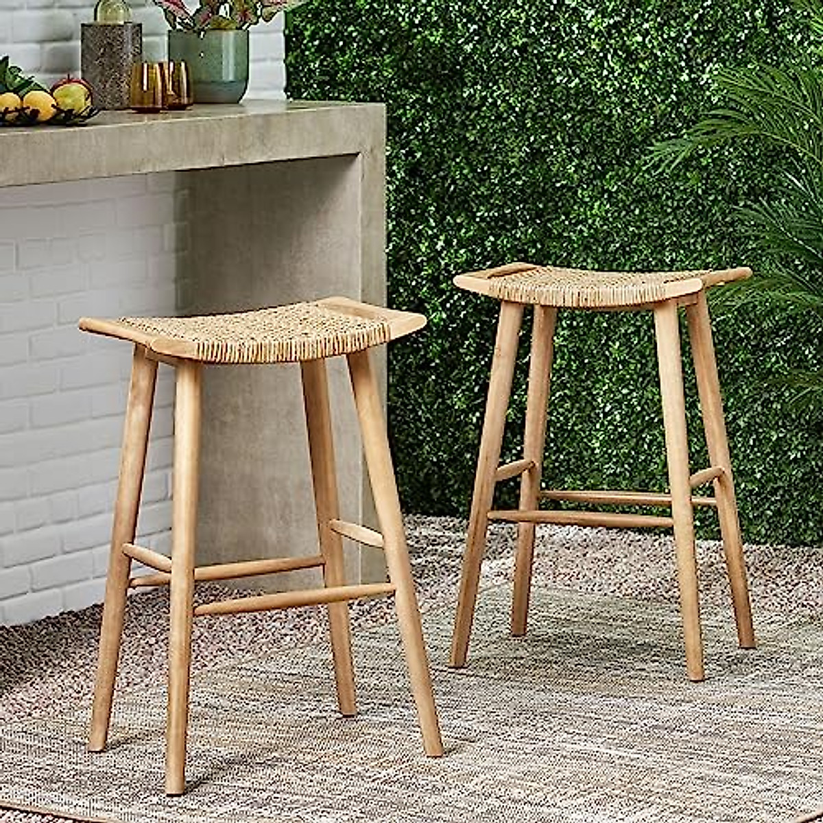 Christopher Knight Home Magwen Outdoor Acacia Wood Barstool with Wicker (Set of 2), Light Brown and Light Multi-Brown