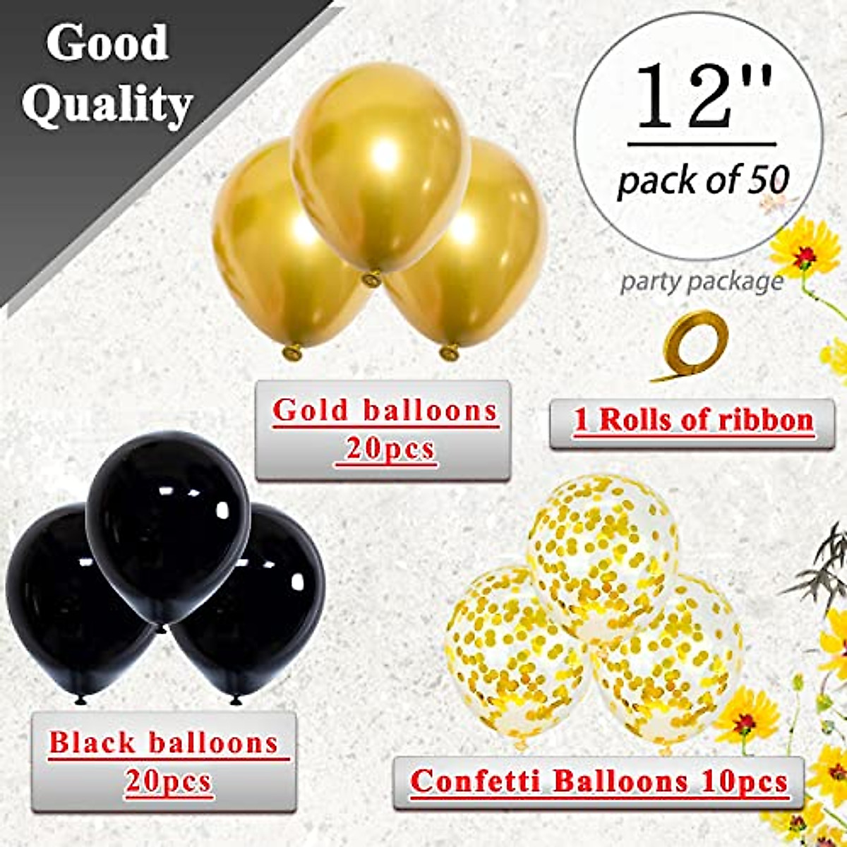 Black Gold Confetti Balloons 50 Pack 12 inch Black and Gold Metallic Latex Balloons with 1 Rolls of Ribbon for Birthday Graduation Celebration Party Decorations.