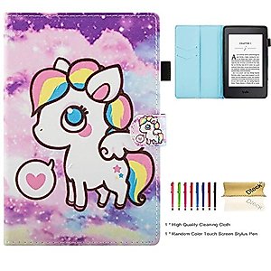 Dteck Case for Kindle Paperwhite (6" Display) - Slim Fit Folio Case Lightweight Flip Protector Durable Protective PU Leather Cute Cartoon E-Reader Cover Case (Purple Horse)