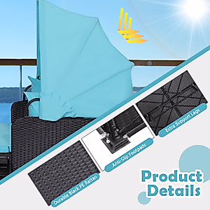 Salches Outdoor Daybed, Patio Daybed with Retractable Canopy, High-Resilient Soft Cushions, Foldable Side Trays, Outdoor Bed Loveseat for Garden, Backyard, Porch (Turquoise)