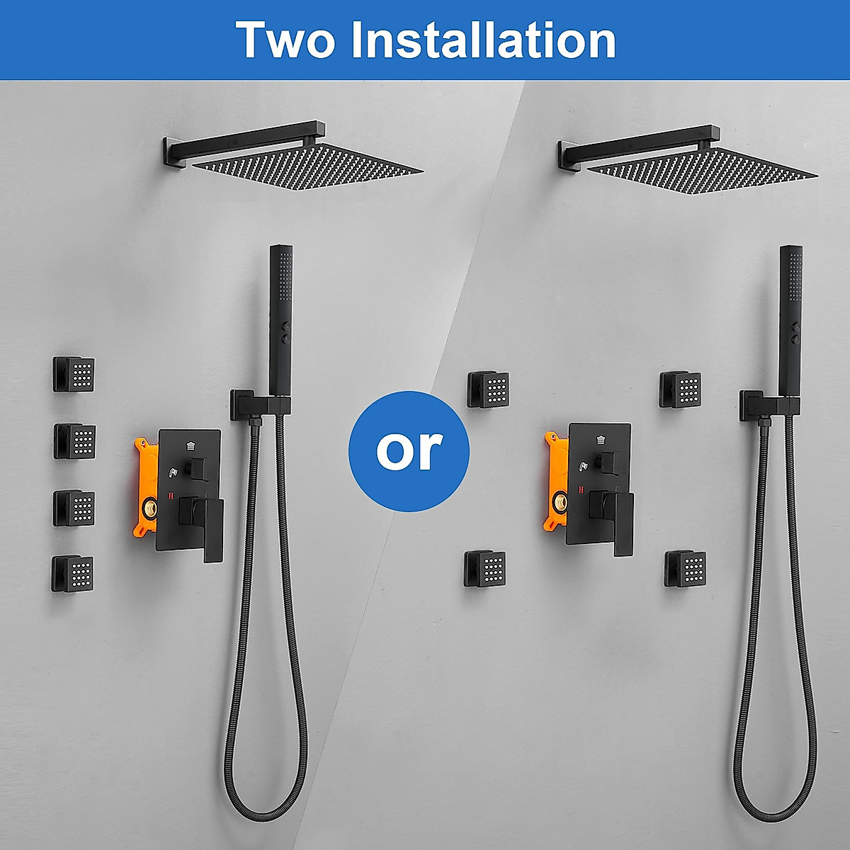 RUMOSE Rainfall Shower System with 4 Full Body Jet 4 Mode Shower Faucet Set with 12 Inch Rain Shower Head and 2 in 1 Handheld Spray, Matte Black Brass Shower Jet Shower Fixtures, Wall Mounted