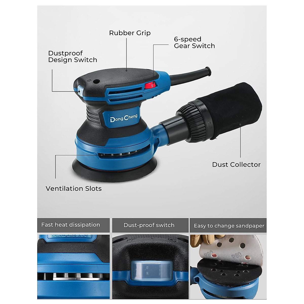 Dong Cheng 5-Inch Random Orbital Sander 380W 12800OPM Electric Palm Sander, 6 Variable Speeds, with 20pcs Sandpaper & Detachable Dust Bag, Power Sander for Woodworking, Sanding & Polishing