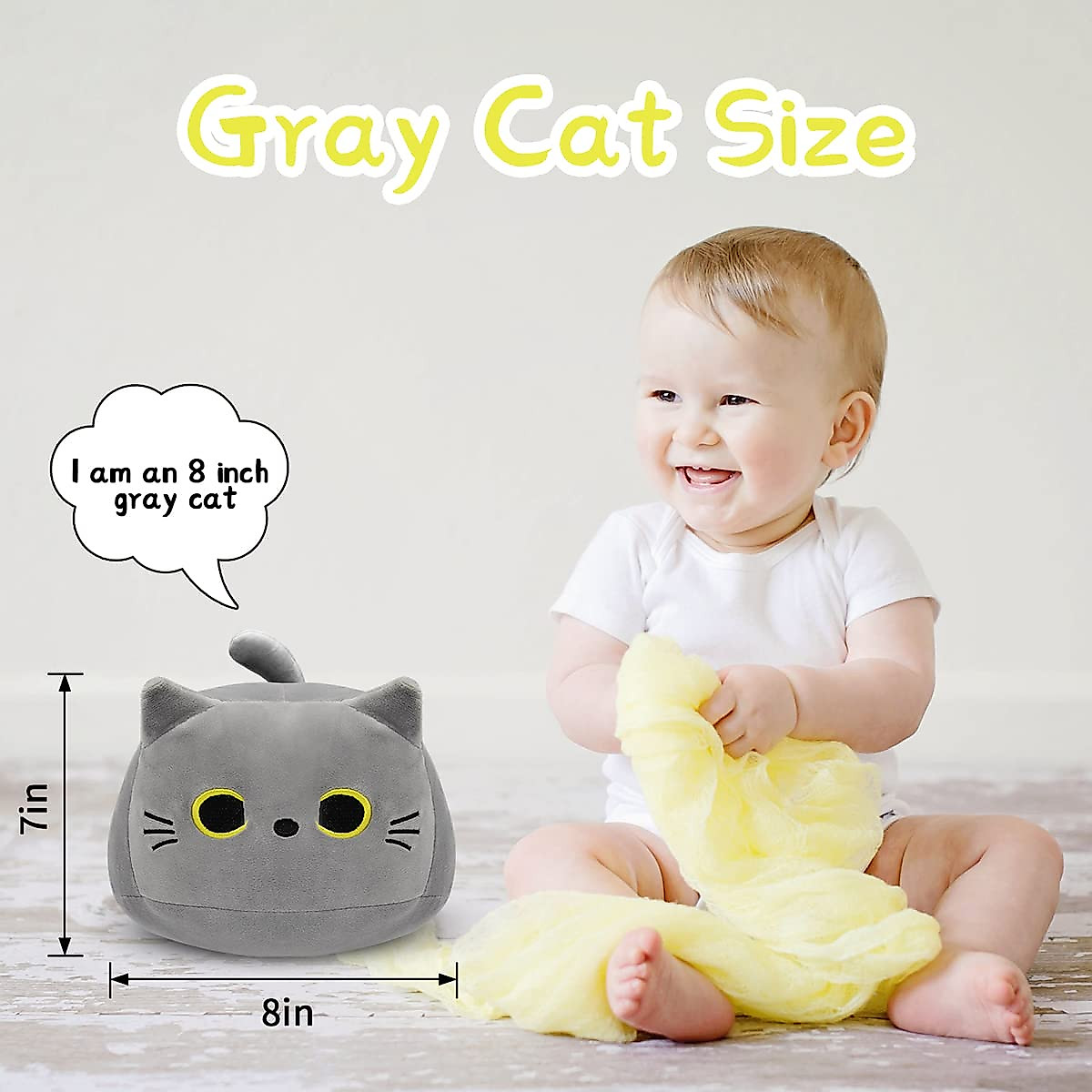 3D Kawaii Fat Grey Cat Plush Pillow, 8-Inch Soft Stuffed Animal Toy for Kids