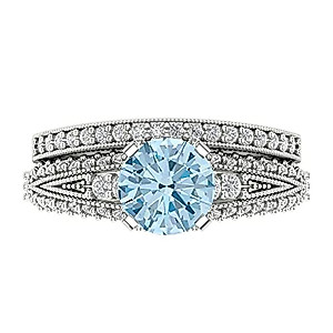 Clara Pucci 2.10ct Round Cut Solitaire Natural Swiss Blue Topaz Engagement Promise Anniversary Bridal Ring Band set 14k White Gold 9.25