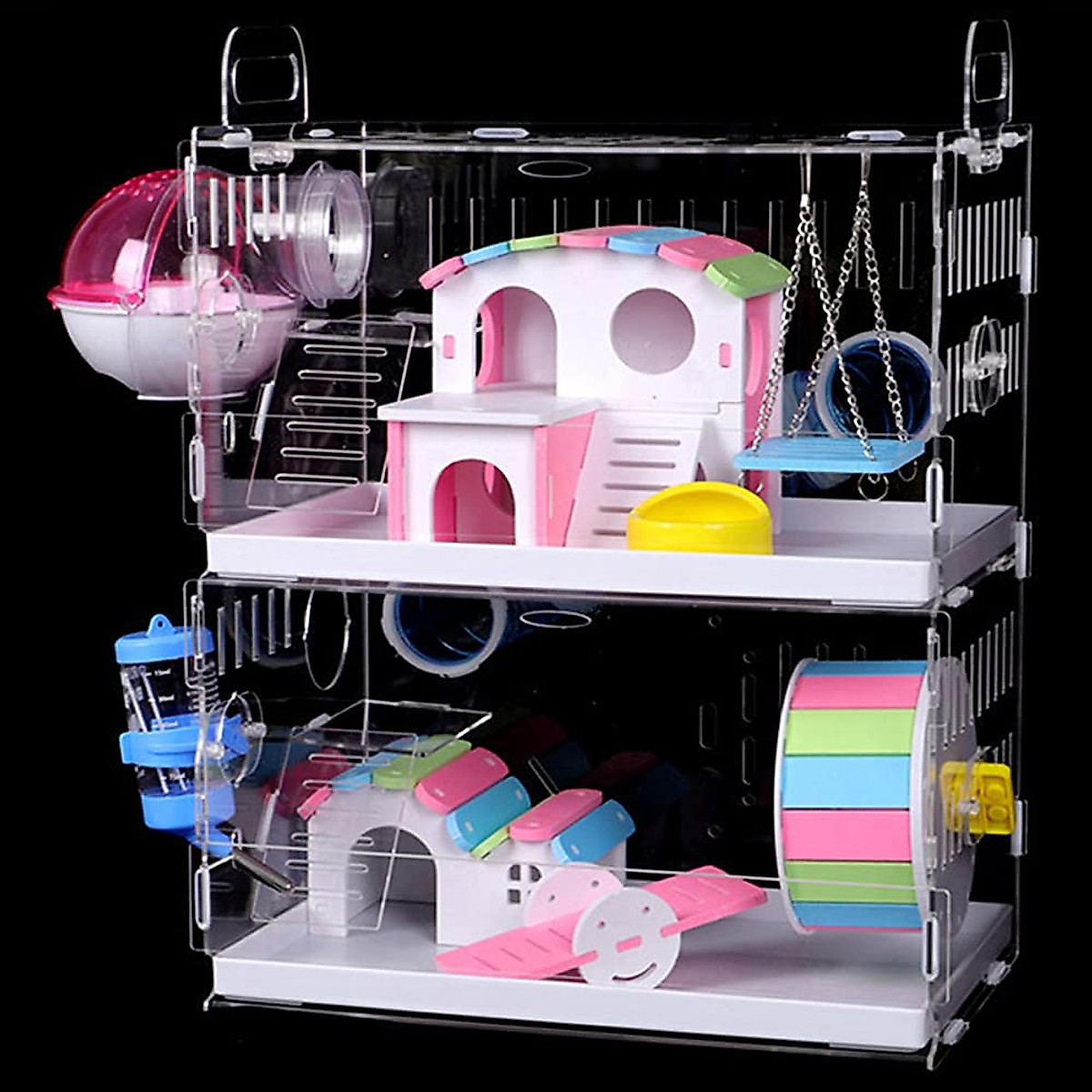 DuvinDD Hamster Cages with Crossover Tubes Tunnels, Large Hamster Cage Habitats Gerbil House, Transparent Acrylic Small Animal Cage for Pet Rat, Syrian Hamster, Mouse with Accessories