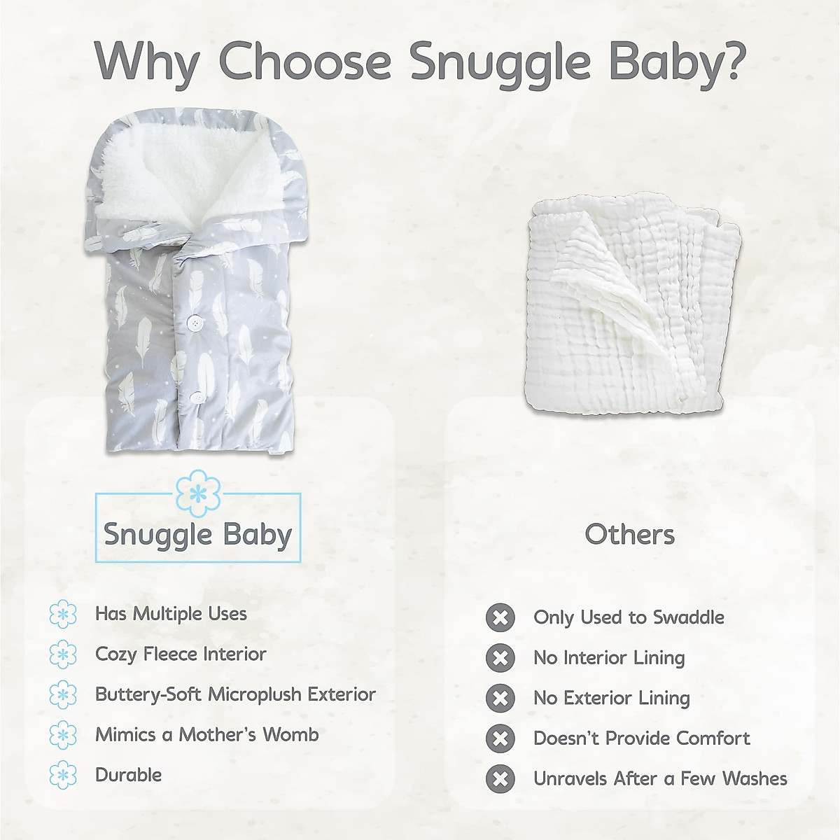 Snuggle Baby Swaddle Blanket for Baby Boy or Girl 0-9 Months - Multi Use Baby Wrap Swaddle - Soft, Plush Exterior and Warm Fleece Interior Lining Keep Newborn Snug and Cozy - Boho Feathers