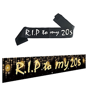 Joyiou R.I.P To My 20s Backdrop Banner & Sash, Dirty 30 Birthday Decorations for Women & Men, Large Black Gold Funeral for Youth 30 Birthday Party Sign Supplies Decor for Indoor Outdoor