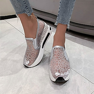 Hbeylia High Heeld Wedge Sneakers for Women Fashion Embroidery Floral Mesh Air Comfort Hidden Chunky Sole Slip On Loafers Breathable Walking Work Shoes with Arch Support for Casual and Daily Wear