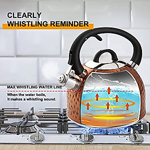 HRHongRui Copper Tea Kettle Stainless Steel Teapot Whistling Kettle Unique Button Control Kettle Outlet Loud Whistle Food Grade Teapot 3.2 Quart / 3 Liter Bronze