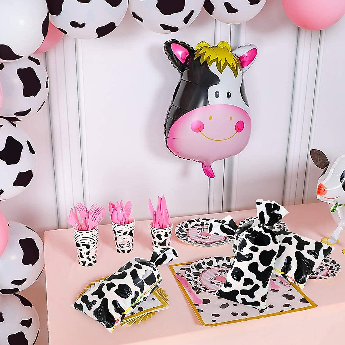 Lecferrarc 100 Pcs Cow Print Treat Bags Cow Cellophane Candy Bags Plastic Goodie Storage Bags Farm Animal Party Favor Bags with Twist Ties for Cow Theme Birthday Party Supplies