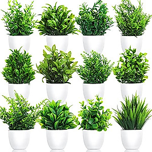 XunYee Small Fake Plants Mini Faux Plants for Office Desk Potted Artificial Plants Flowers Indoor Plastic Plant Decor Aesthetic Greenery Desk Plant for Home Bathroom (White Pot, Greenery, 12 Pack)