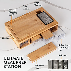 Chopping Board with Storage and Food Prep Station - Meal Prep Station, Bamboo Cutting Board with Juice Grooves, Four Containers & Assorted Graters