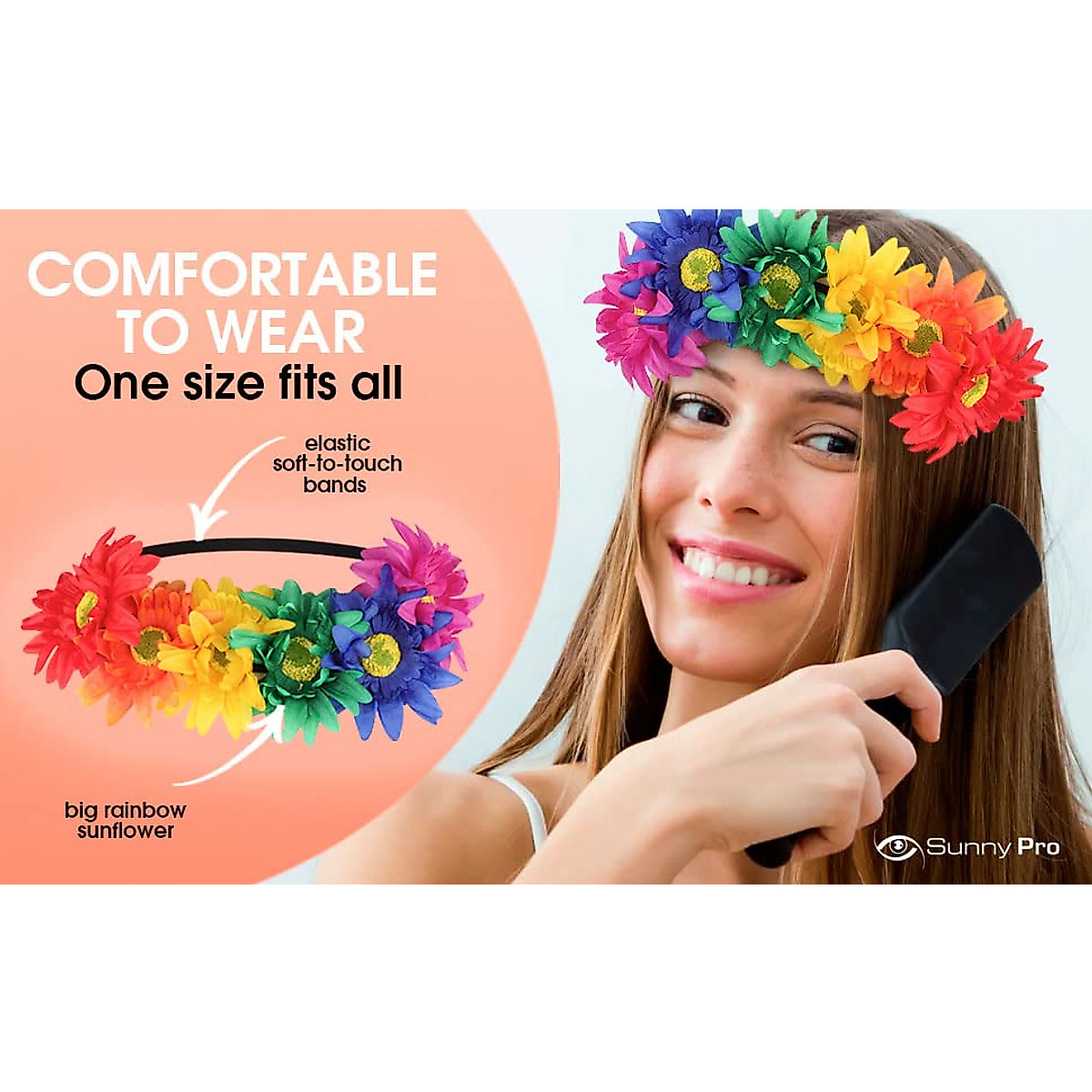 SunnyPro Sunflower Headband Flower Crown Hair Band - Pride Rainbow LGBT Accessories Floral Crowns for Women and Girls- 2 Pack