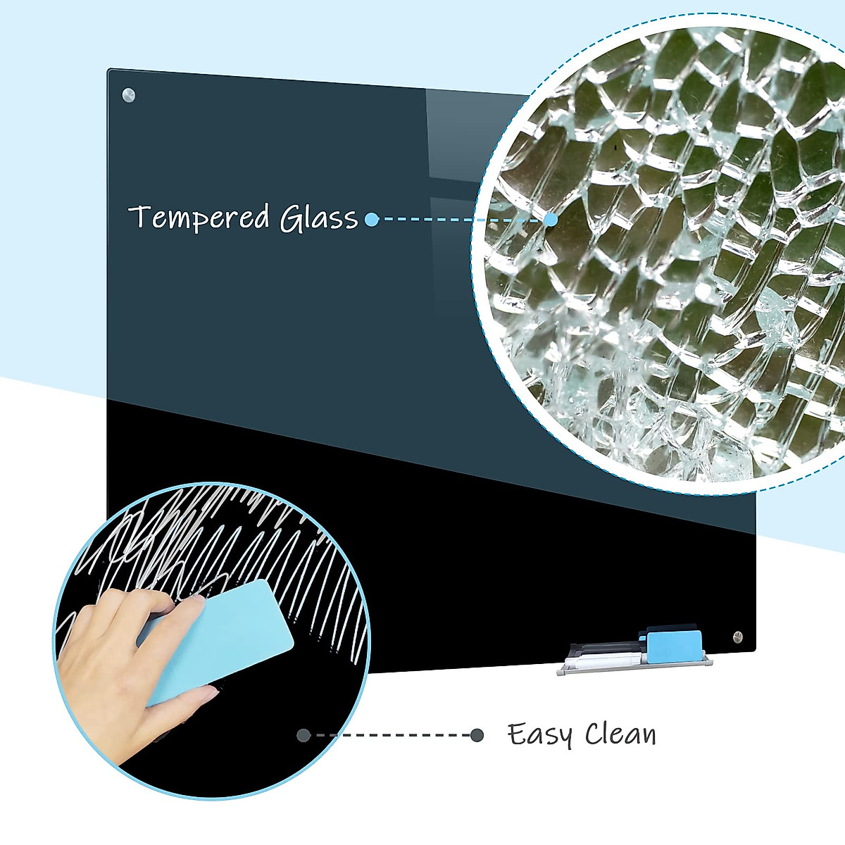 Magnetic Black Glass Board with Eraser Frameless Tempered Glass Dry Erase Blackboard with Marker Tray for Interactive Office, Wall Mounted Frosted Black Glass Board, 48" x 36"