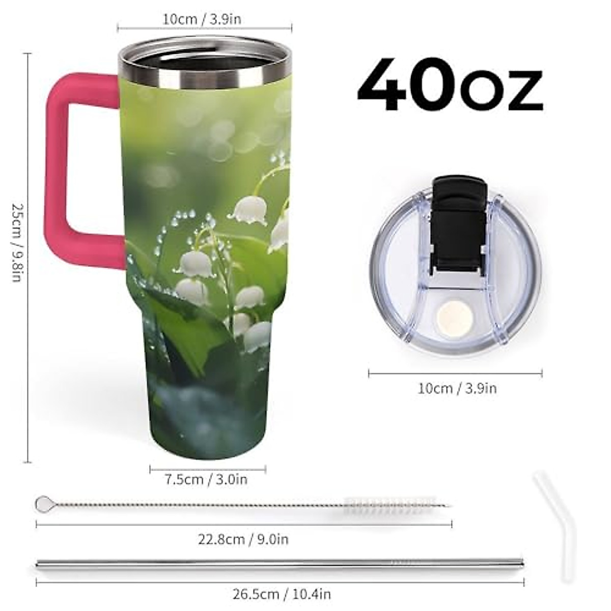 Lily of The Valley Flowers Green Leaves 40 Oz Car Cup Stainless Steel Travel Mug Leak-Proof Insulated Tumbler with Handle Light Rose Red-style