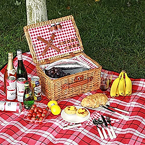 Wicker Picnic Basket for 2 Person, Willow Hamper Basket Sets with Insulated Compartment, Handmade 2 Person Picnic Basket Classical Red Check with Utensils Cutlery Perfect for Picnic, Camping