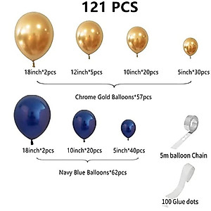 121 Pack Navy Blue Balloons Garland Kit Gold Balloons Different Sizes 18/12/10/5 Inch Party Balloon Kit Chrome Gold Balloons for Wedding Graduation Baby Shower Birthday Christmas Party Decoration