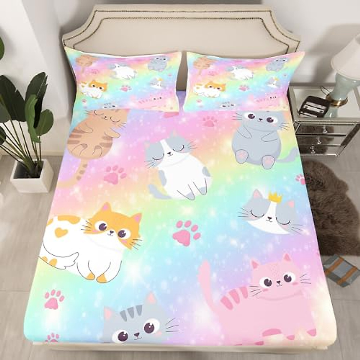 Erosebridal Rainbow Cat Full Sheets for Girls,Kids Cute Cats Fitted Sheets Teen Women Pastel Gradient Glitter Stars Cat Beding Sheets Cartoon Animal Kitten Paw Bed Cover 2 Pillow Cases Colorful