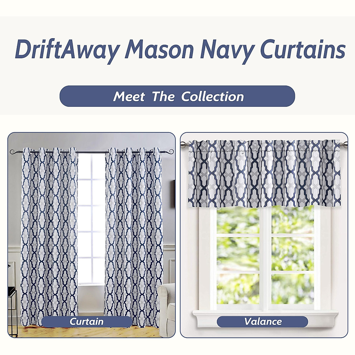 DriftAway Mason Geometric Trellis Pattern Window Curtain Valance Rod Pocket 52 Inch by 14 Inch Plus 2 Inch Header Navy