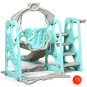 Costzon 4 in 1 Toddler Slide and Swing Set, Little Bear Indoor Outdoor Baby Swing with Slide, Swing, Climber, Basketball Hoop and Ball, Kids Climber Playground Playset for Girls Age 1+ Gifts Presents