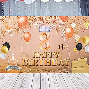 Happy 8th Birthday Backdrop Banner Rose Gold 8th Sign Poster 8 Birthday Party Supplies for Anniversary Photo Booth Photography Background Birthday Party Decorations, 72.8 x 43.3 Inch