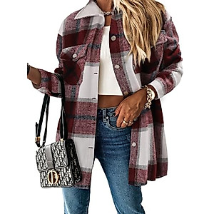 ZOLUCKY Women Flannel Shacket Plaid Button Down Shirt Lapel Collar Long Sleeve Oversized Blouse Top, Red and White Small