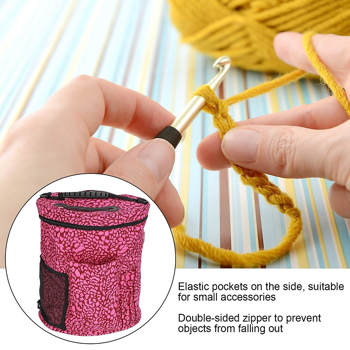 XHTLLO Crochet Bag, Cylindrical Knitting Bag Yarn Storage Organizer, Portable Yarn Organizer Crochet Bag with Detachable Carrying Strap, Crochet Supplies Gift