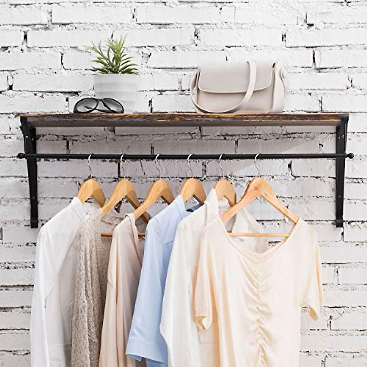 MyGift Torched Wood Floating Shelf and Clothes Rod with Black Metal Bracket, Wall Hanging Closet Organizer