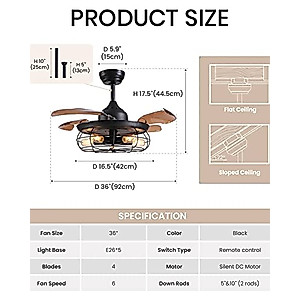 Siljoy 36” Farmhouse Ceiling Fan with Lights and Remote, Industrial Caged Retractable Ceiling Fan, 6 Wind Speeds Rustic Ceiling Fan for Patio Kitchen Bedroom Living Room, Black