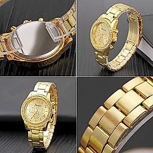 JewelryWe Luxury Mens Dress Watch, Stainless Steel Bling Rhinestones Accented Quartz Wrist Watches - Gold, for Xmas