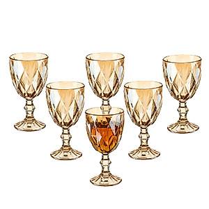 Vintage Wine Glasses Set of 6, 10 Ounce Colored Glass Water Goblets, Unique Embossed Pattern High Clear Stemmed Glassware Wedding Party Bar Drinking Cups Gift Choice Golden Amber