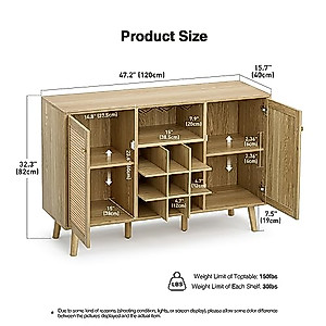 Giluta Rattan Wine Bar Cabinet 2-Door Farmhouse Liquor Cabinet with Wine Rack and Glass Holder, Rustic Oak Sideboard Buffet Storage, Modern Wooden Coffee Bar Cabinet for Living Dining Room Kitchen