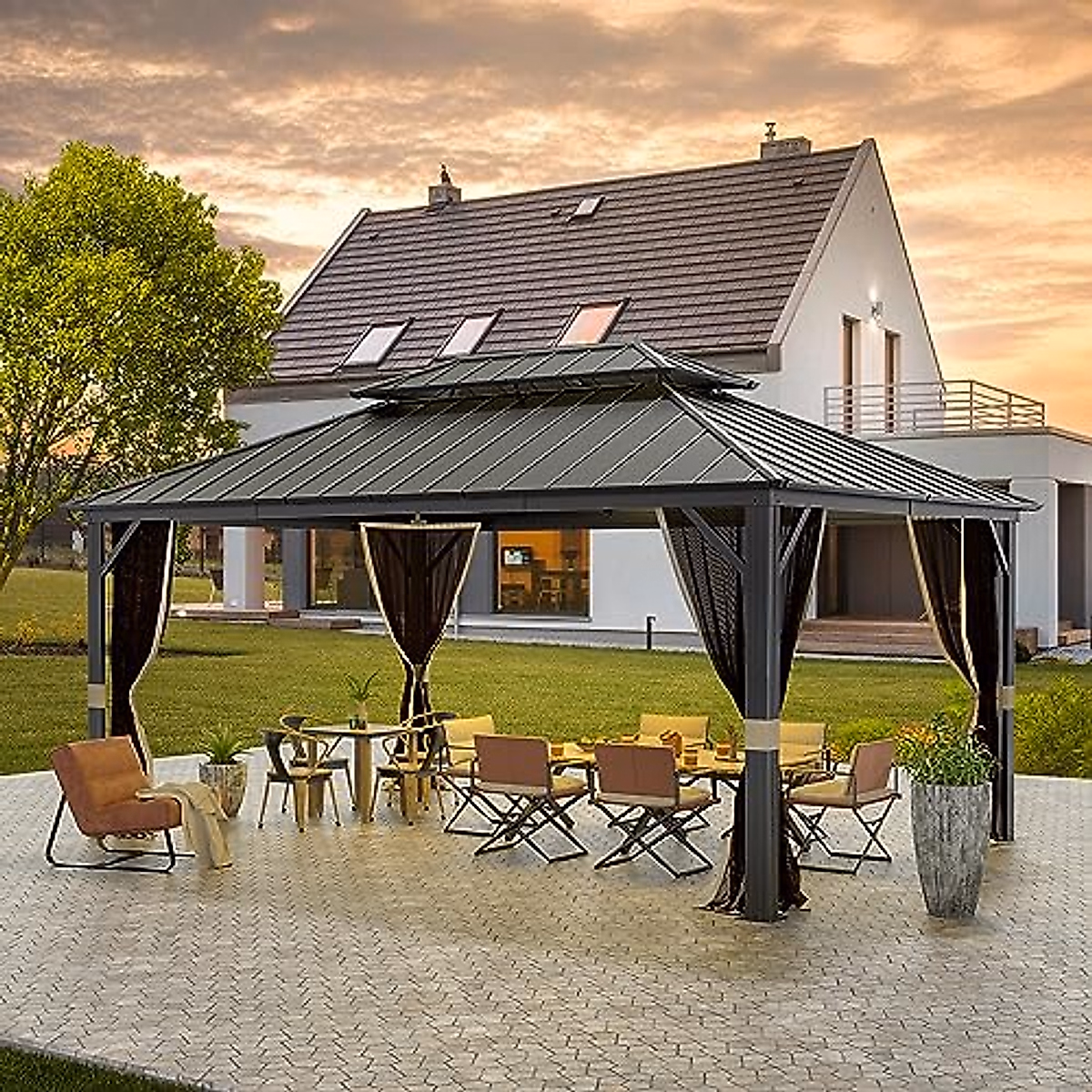 OLILAWN Gazebo 12x16, Outdoor Hardtop Gazebo with Large Aluminum Frame, Galvanized Steel Double Top Gazebo with Ventilation, All-Weather Metal Gazebo with Mosquito Nettings, for Patios Gardens Lawns