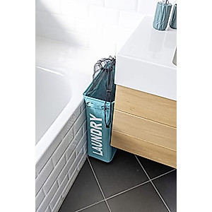 WENKO Corno Slim Laundry Basket with Wheels, Thin Laundry Hamper, Rolling Laundry Bin with Lid, Space Saving Narrow Laundry Hamper for dirty Clothes Storage, 23.6 x 15.7 x 7.3 inch, Petrol