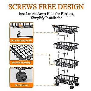 Wisdom Star 4 Tier Fruit Vegetable Basket for Kitchen, Storage Cart, Vegetable Basket Bins, Wire Storage Organizer Utility Cart with Wheels, Medium, Black
