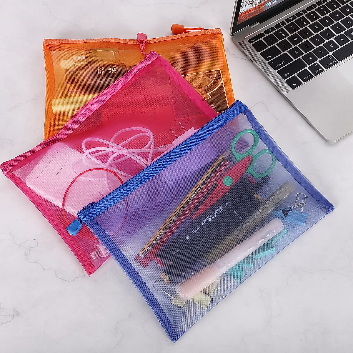 Sinzip 12 Pieces Zipper Nylon Mesh Pouch, Mesh Cosmetic Bags Makeup Bags Pencil Case, Multipurpose Travel Bags for Cosmetic School Office Supplies and Travel Accessories (Multicolored 01, A5)