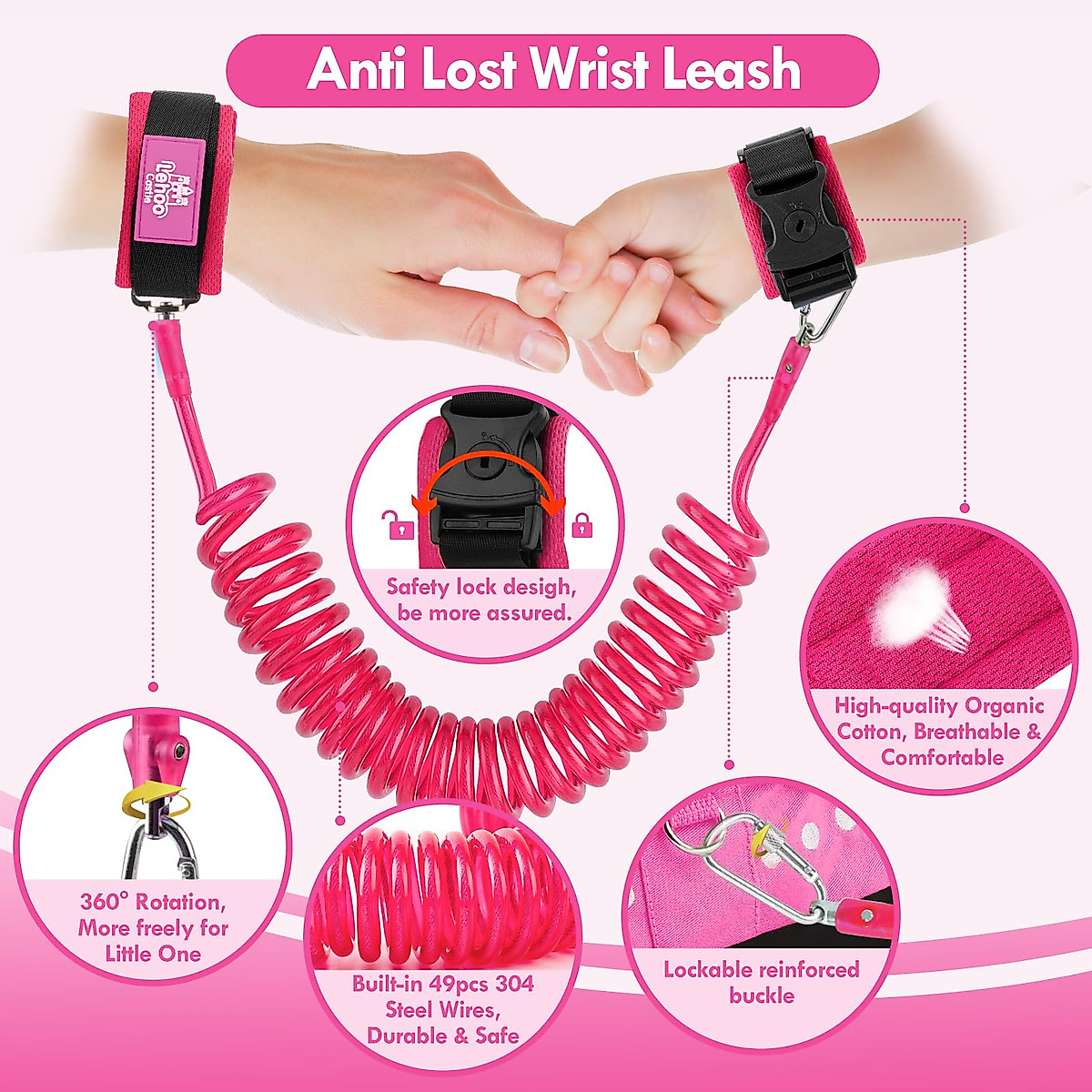 Lehoo Castle Toddlers Leash for Walking + Key Lock Design Anti Lost Wrist Link, 3 in 1 Baby Leash Kids Wrist Link for Toddlers, Safety Harness Belt Strap Wristband (Pink Minnie Toddler Leash)