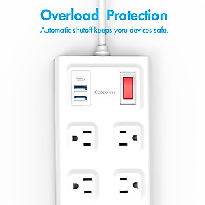 6 Ft Surge Protector Power Strip - 10 Widely Outlets with 3 USB Ports（1 USB C Port）, Flat Plug Heavy Duty Extension Cord(1875W/15A), Wall Mount, 2800 J, ETL,White