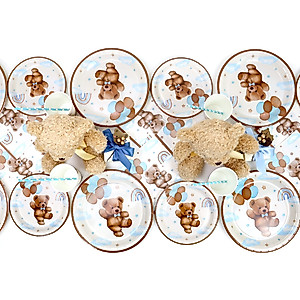 Teddy Bear Baby Shower Decorations Plates Set for 25,Boho Paper Plates Cups Napkins Straws for Boy Brown Blue Disposable Tableware Birthday Party Supplies