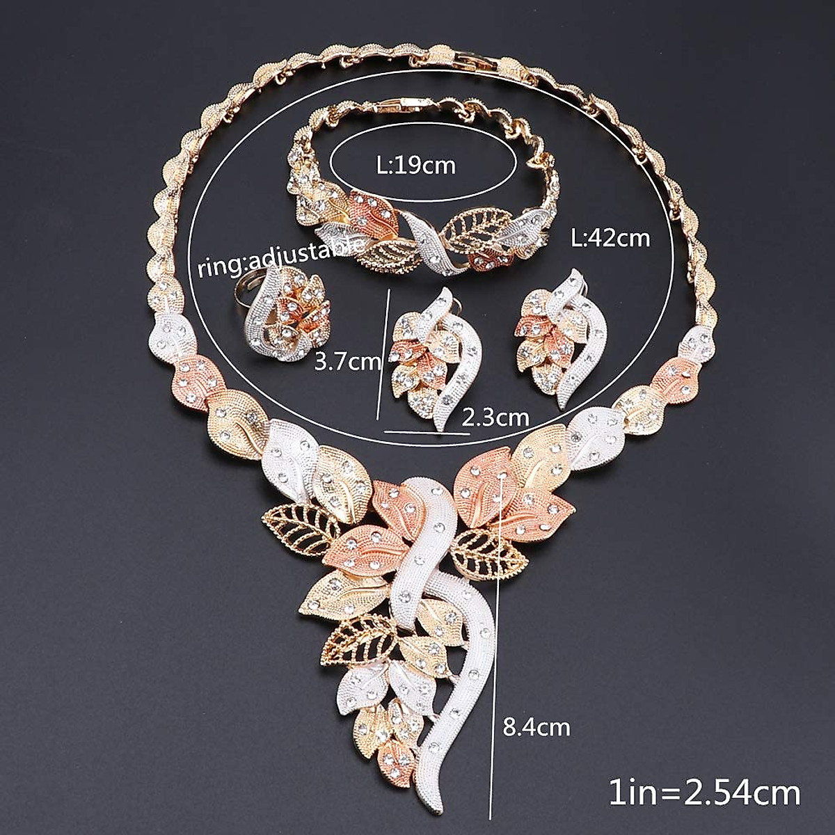 NA African Dubai Gold Jewelry Nigerian Crystal Necklace Hoop Earrings Ring Women Italian Bridal Jewelry Sets Wedding Accessories (Colorful)