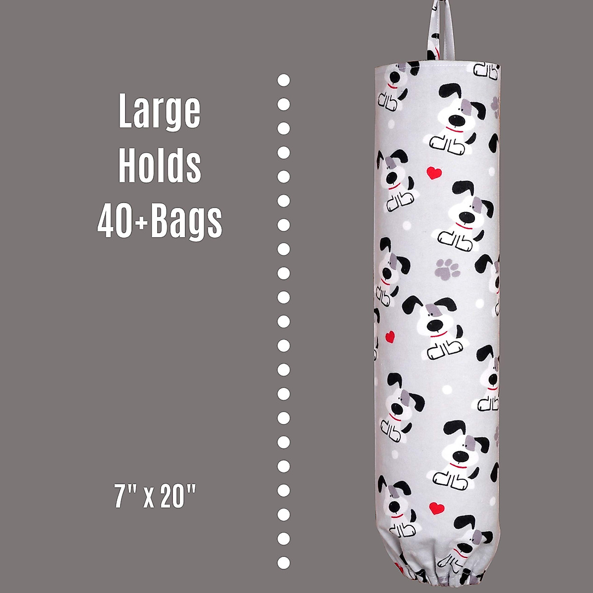 Plastic Bag Holder | Grocery Shopping Bag Organizer | Carrier | Dispenser. Handmade in the USA | Dog with Hearts on Grey